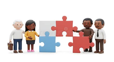 four cartoon style figures arrange large interlocking puzzle pieces