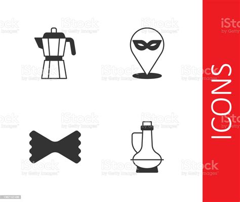 올리브 오일 커피 메이커 모카 냄비 마카로니와 카니발 마스크 아이콘의 병 세트 벡터 건강한 생활방식에 대한 스톡 벡터 아트 및 기타 이미지 건강한 생활방식 검은색