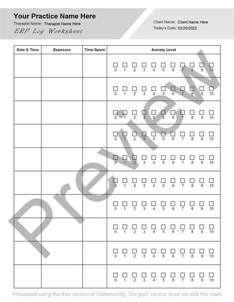 ERP Log Worksheet Editable Fillable PDF Template For Counselors Psychologists Social