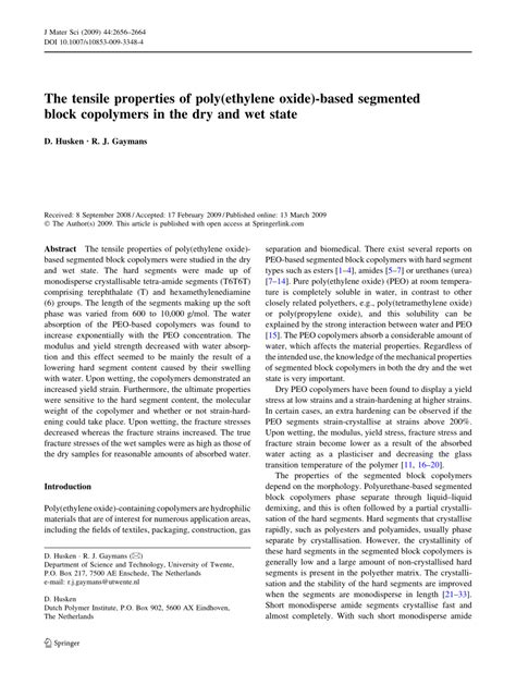 Pdf The Tensile Properties Of Polyethylene Oxide Based Segmented