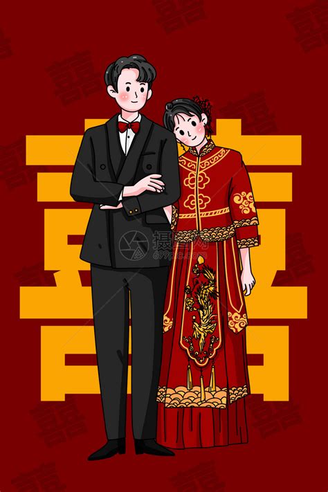 结婚新郎新娘中式婚礼竖版插画插画图片下载 正版图片402583083 摄图网