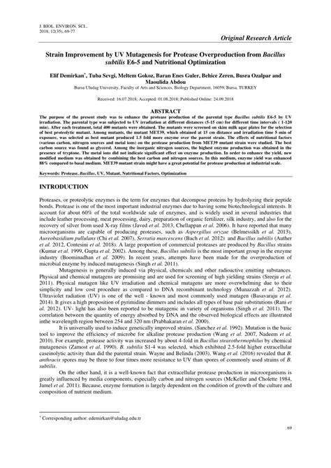 Pdf Strain Improvement By Uv Mutagenesis For Protease Overproduction From Bacillus Subtilis E6