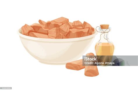 나무 코르크와 로프가있는 병에 샌들 오일 흰색 배경에 고립 된 만화 스타일의 샌달 우드 조각 아유르베다 치료 성분 벡터 일러스트 레이 션 0명에 대한 스톡 벡터 아트 및