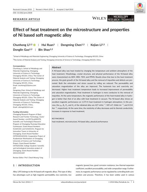Pdf Effect Of Heat Treatment On The Microstructure And Properties Of Ni Based Soft Magnetic Alloy