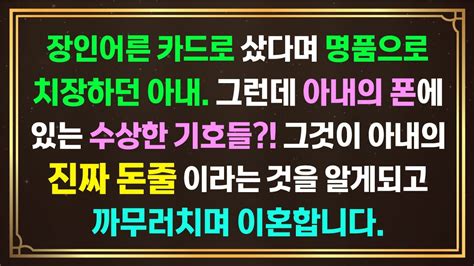 반전사연 장인어른 카드로 샀다며 명품으로 치장하던 아내 그런데 아내의 폰에 있는 수상한 기호들그것이 아내의 진짜 돈줄이라는 것을 알게되고 이혼합니다 사연라디오사이다