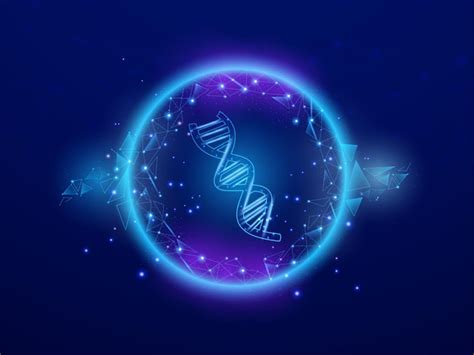 파란색 배경에 기하학적 빛나는 원형 및 선 다각형 내부 가상 Dna 구조 프리미엄 벡터