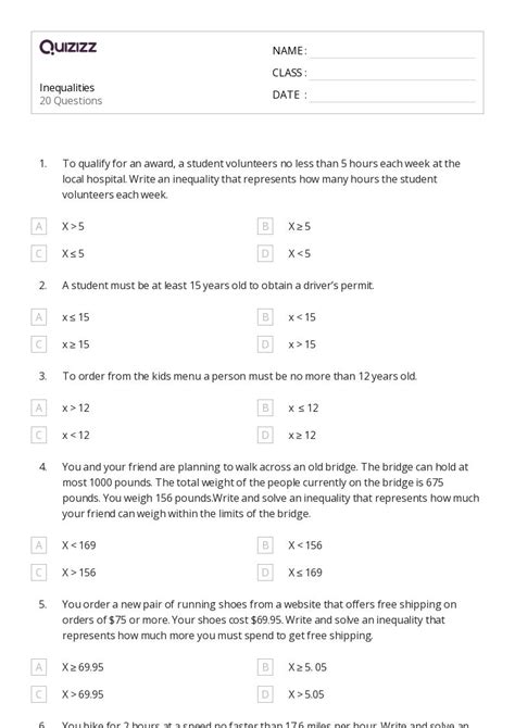 50 Inequalities Worksheets For 7th Year On Quizizz Free And Printable