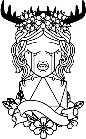 흑백 문신 라인 워크 스타일 우는 오크 야만인 캐릭터 얼굴 자연스러운 하나 D20 롤 검은색에 대한 스톡 벡터 아트 및 기타