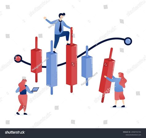 Vector Illustration People Analyzing Candlestick Charts Stock Vector