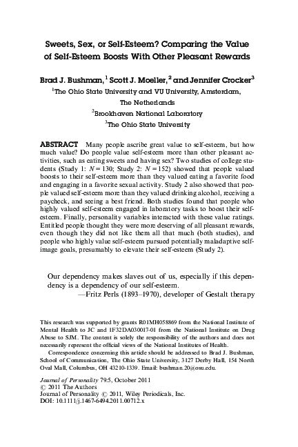 Pdf Sweets Sex Or Self Esteem Comparing The Value Of Self Esteem Boosts With Other Pleasant