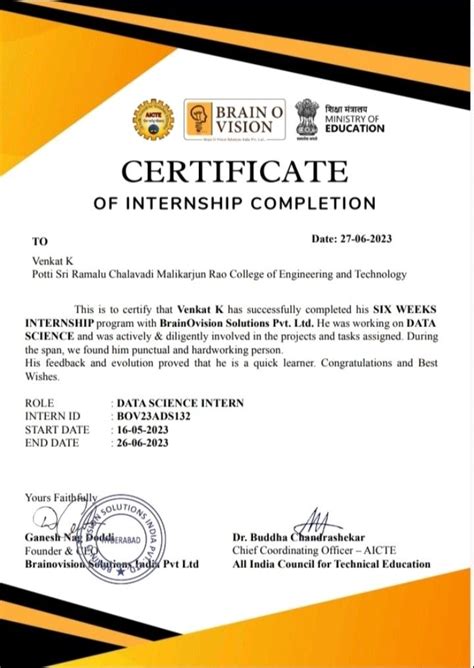 Venkat K On Linkedin Intership On Data Science With Brainovision Solutions