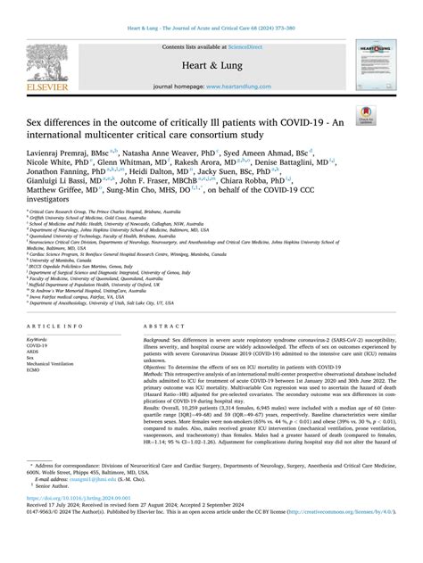 Pdf Sex Differences In The Outcome Of Critically Ill Patients With Covid An International