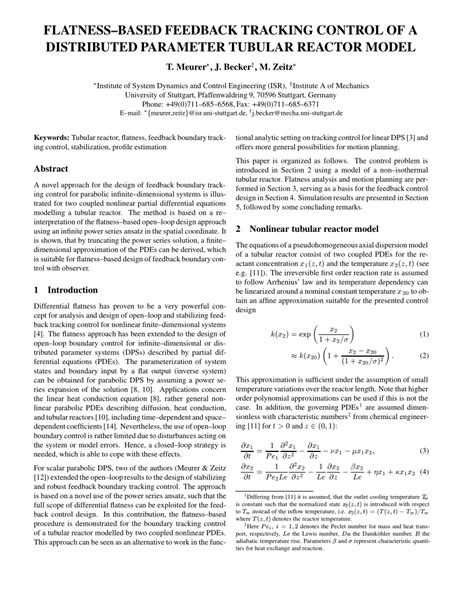 Pdf Flatness Based Feedback Tracking Control Of A Distributed Parameter Tubular Reactor Model