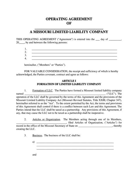 Missouri Operating Agreement Fill Online Printable Fillable Blank