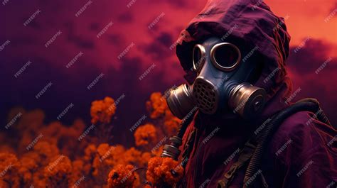 Premium Ai Image Man Wearing A Gas Mask Floral Style Surrounded By