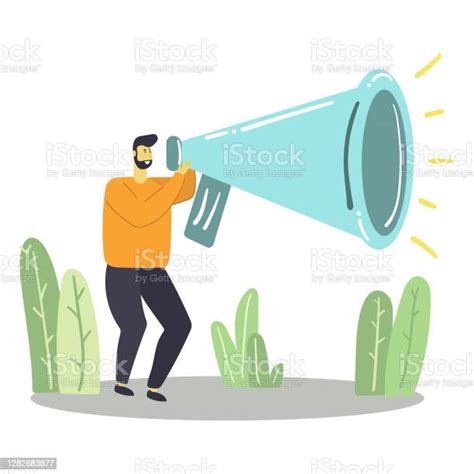 큰 메가폰을 들고 있는 남자 플랫 일러스트레이션 중요한 대화 스피커 개념 가격에 대한 스톡 벡터 아트 및 기타 이미지 가격