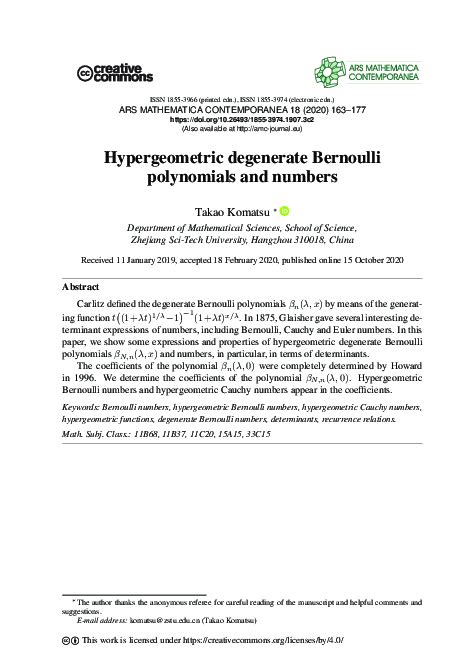 Pdf Hypergeometric Degenerate Bernoulli Polynomials And Numbers