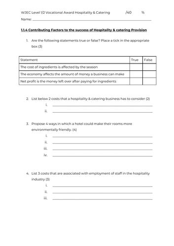 Hospitality And Catering Unit 1 1 1 4 Assessment New Spec