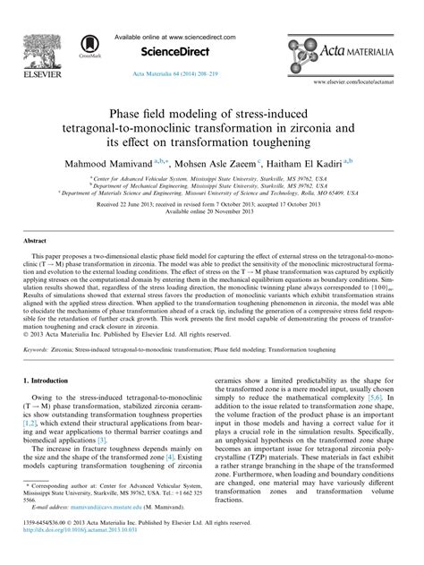 Pdf A Phase Field Model For Stress Induced Martensitic Phase Transformation In Zirconia
