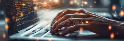 Close Up Of Hands Typing Code On A Keyboard With Digital Code Overlay
