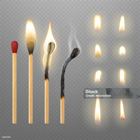 현실적인 화재 성냥 스틱 단계적으로 굽기 화염 성냥 구운 나무 막대기 및 석탄 격리 된 실제 화상 심지 불꽃 Pithy 벡터 세트 성냥에 대한 스톡 벡터 아트 및 기타