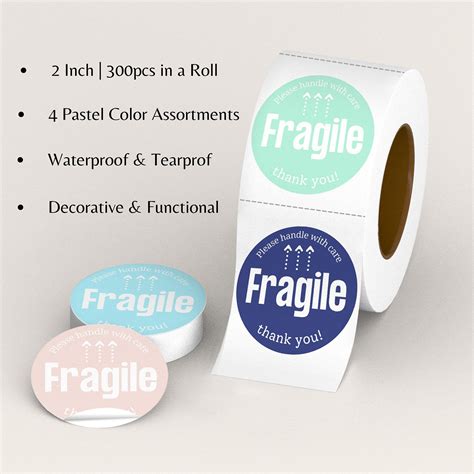 Mobiusea Creation Fragile Stickers Roll 2 Inch Waterproof 4 Pastel Color 300pcs Fragile