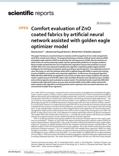 Pdf Comfort Evaluation Of Zno Coated Fabrics By Artificial Neural Network Assisted With Golden