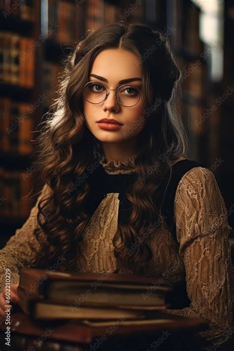 Afternoon Studious Woman Studying Lib Glasses Sitting Table Book Gorgeous Face Long Hair Girl