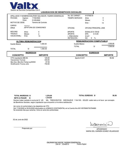 Liquidación De Beneficios Sociales 6 6 Pdf