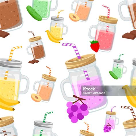 완벽 한 패턴의 흰색 배경 웹 페이지 및 모바일 애플 리 케이 션 디자인 재료 바나나 오이 초콜릿 복숭아 포도 벡터 일러스트와 함께 스무디 빼앗아 0명에 대한 스톡 벡터