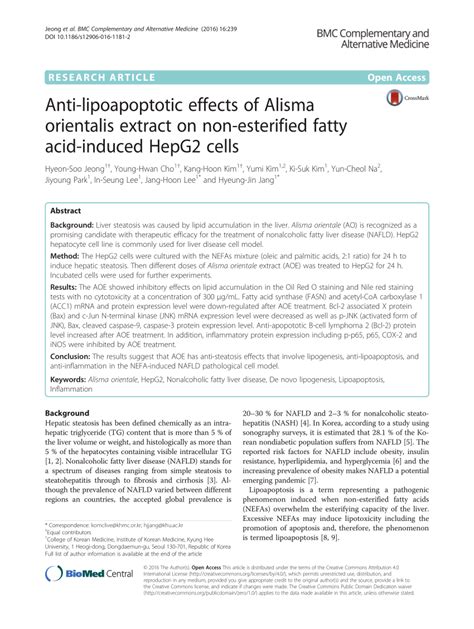 Pdf Anti Lipoapoptotic Effects Of Alisma Orientalis Extract On Non