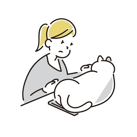 猫に仕事を邪魔されるイラスト（女性） Loose Drawing 無料で商用利用可なフリーイラスト