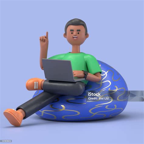 잘 생긴 아프리카 남자 데이비드의 3d 일러스트 레이 션은 보라색 콩 가방 안락 의자에 노트북을 가지고 있습니다 파란색 배경에 3d 렌더링 Workers Party에 대한