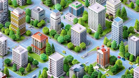 Isometric Set Of The Modern 3d City Landscape Trees Streets Three