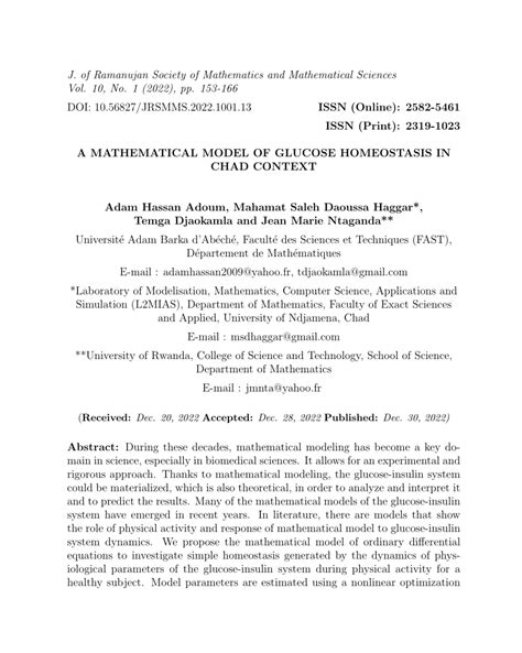 Pdf A Mathematical Model Of Glucose Homeostasis In Chad Context