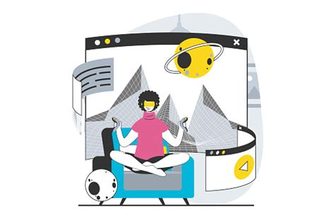 웹을 위한 플랫 디자인에 있는 사람들 장면이 있는 가상 현실 개념 Vr 헤드셋을 착용한 남자가 우주 시뮬레이션을 탐험하고 배우고 있다 소셜 미디어 배너 마케팅 자료에 대한