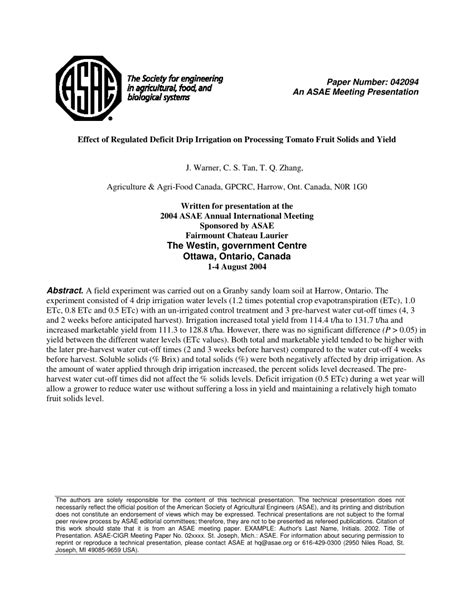 Pdf Effect Of Regulated Deficit Drip Irrigation On Processing Tomato Fruit Solids And Yield