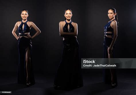 아시아 아름다운 여자의 전체 길이 몸 파란 저녁 스팽글 가운 패션 빈티지 포즈를 착용 360도 촬영에 대한 스톡 사진 및 기타 이미지 360도 촬영 가냘픈 검정 머리