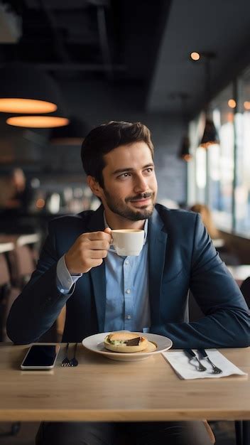 Confident Man Enjoying A Cup Of Coffee While Having Work Break Lunch In Modern Restaurant Young