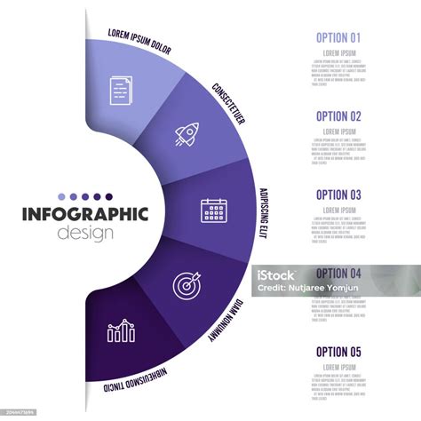 벡터 Infographic 세미 원 수직 템플릿 Diagrame 비즈니스 컨셉 프레젠테이션을 위한 5단계 인포그래픽에 대한 스톡 벡터 아트 및 기타 이미지 Istock