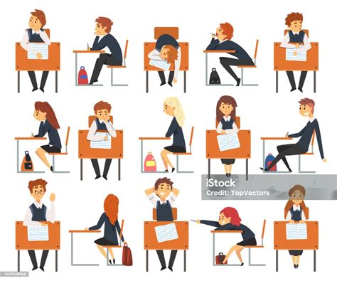 Murid Lakilaki Dan Perempuan Atau Siswa Yang Duduk Di Meja Memiliki Pelajaran Sekolah Set Vektor
