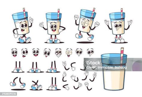 얼굴 표정과 포즈를 가진 만화 우유 유리 캐릭터 건설 키트의 세트 사용자 정의 가능한 요소 포함 만화에 대한 스톡 벡터 아트 및