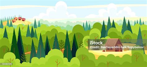 깊은 숲 한가운데에 있는 동화 속 동화 같은 마법같은 풍경이 마을과 동화 속 캐릭터의 집을 견실수 있습니다 만화 플랫 스타일