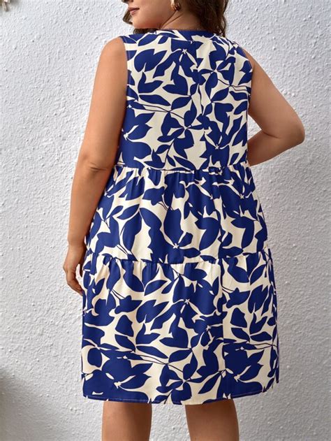 Shein Lune Plus Allover Print Notched Neckline Ruffle Hem Smock Dress