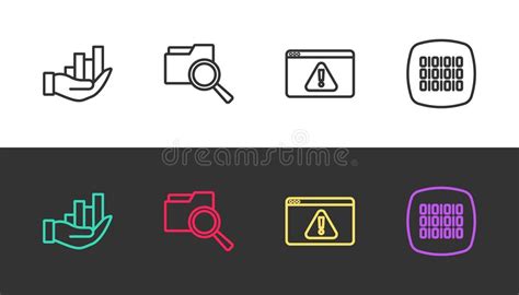 Set Line Pie Chart Infographic Search With Folder Browser Exclamation Mark And Binary Code On