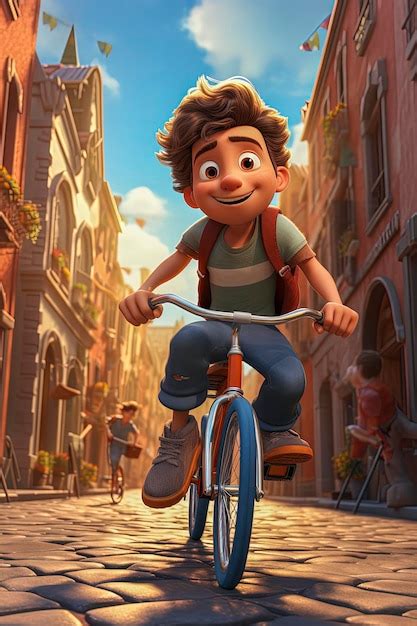 Генеративная Ai иллюстрация счастливого мальчика едущего на велосипеде