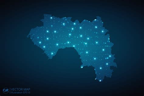 미래 지향적 인 스타일의 기니 지도 방사형 점선 패턴 별들로 만든 디자인 파란색 원 빛나는 윤곽선 진한 파란색 배경에 대한 의사 소통의 개념 0명에 대한 스톡 벡터 아트 및