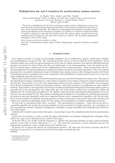 Pdf Multiplication Law And S Transform For Non Hermitian Random Matrices