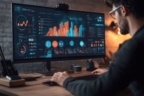 Data Analyst Analyzes Visualizations On A Large Screen While Working In A Modern Office Setup