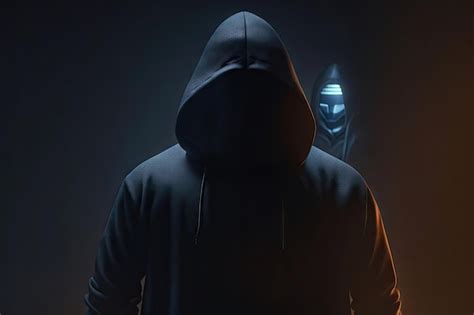 Premium Ai Image Mysterious Man Wearing Black Hoodie Using Laptop In The Dark Room Hacker And
